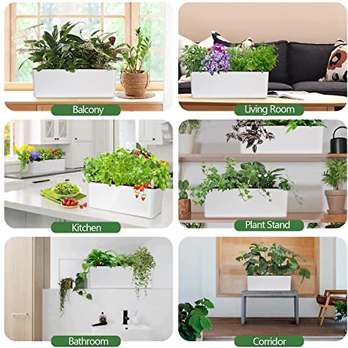 J&C Self Watering Planter, Window Gardening Box, 16x 5.5 Inch, Indoor Home Garden, Modern Decorative Planter Pot for All Indoor Plants, Rectangle, White (Plants Not Included)