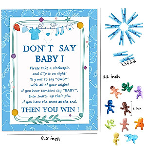 Don't Say Baby Shower Clothespin Game, 60 Mini Plastic Clothespins One 8.5 x 11 Sign 50 Mini Plastic Baby (Blue)
