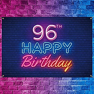 Glow Neon Happy 96th Birthday Backdrop Banner Decor Black – Colorful Glowing 96 Years Old Birthday Party Theme Decorations for Men Women Supplies
