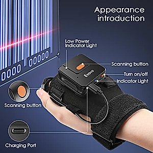Eyoyo Wearable Glove 1D Bluetooth Barcode Scanner, Left&Right Hand Wearable,1D Finger Trigger Wireless Bar Code Reader Inventory with Retractable Lanyard Compatible with iPhone iPad Android Tablet