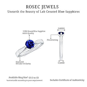Rosec Jewels Certified Lab Grown Blue Sapphire Promise Ring, AAAA Quality, Sapphire Diamond Solitaire Ring - Ready To Gift, 14K White Gold, Size:US 6.50