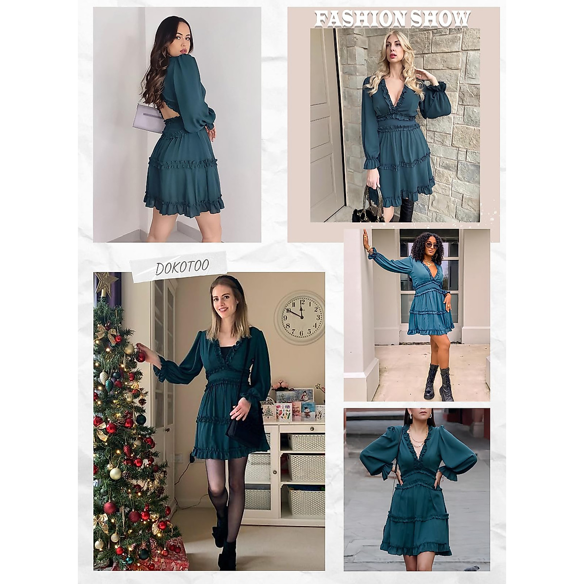 Dokotoo Womens Cute Summer Spring Casual Sexy Deep V Neck Ruffle Chiffon Lantern Long Sleeve Elegant Boho Hawaiian Flowy Mini Short Skirt Dresses for Women Party Party 2024 Green Small