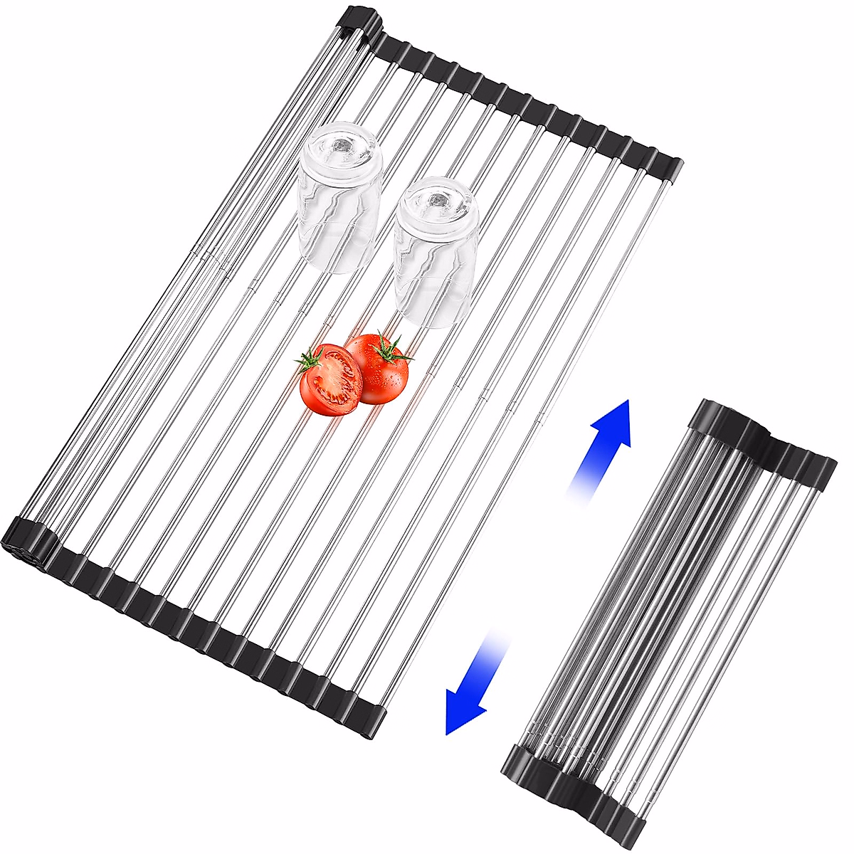 CLNGAI Roll Up Dish Drying Rack, Expandable Over The Sink Dish Drainer,Stainless Steel Kitchen Rolling Sink Rack Space Saving Sink Mat, Length Up to 22.3" (Black, Expandable)