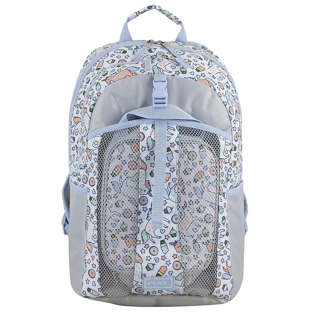 FUEL Lunch Backpack Set Teens Student Water Resistant Bookbag Bag Soft Reusable Insulated Cooler Lunch Box Thermal Travel Office Lunch Bag, Light Blue Magic Donuts