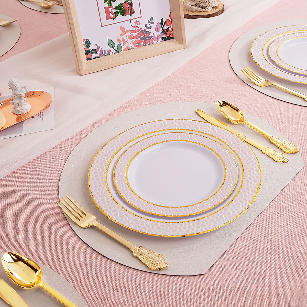 Liacere Plastic Plates, 102PCS Pink w/Gold Rim - Classic Style Disposable Plates for Mother's Day, Party, Easter & All Occasions