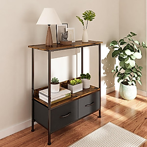 Wisdom Star Console Table with 2 Fabric Drawers, 2 Tier Industrial Sofa Table, Wood Hallway Table with Storage Shelves, 33 Inch Narrow Console Table for Entryway, Living Room, Office, Bedroom