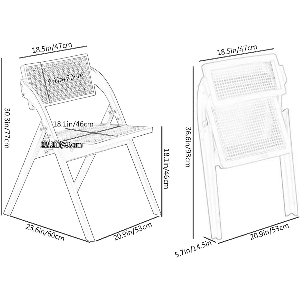 Folding Dining Chairs Set of 2, Foldable Wood Kitchen Chairs 100% Real Rattan Woven Seat and Back,Handmade for Living Room Bedroom, Garden Balcony, Easy Installation (Black)