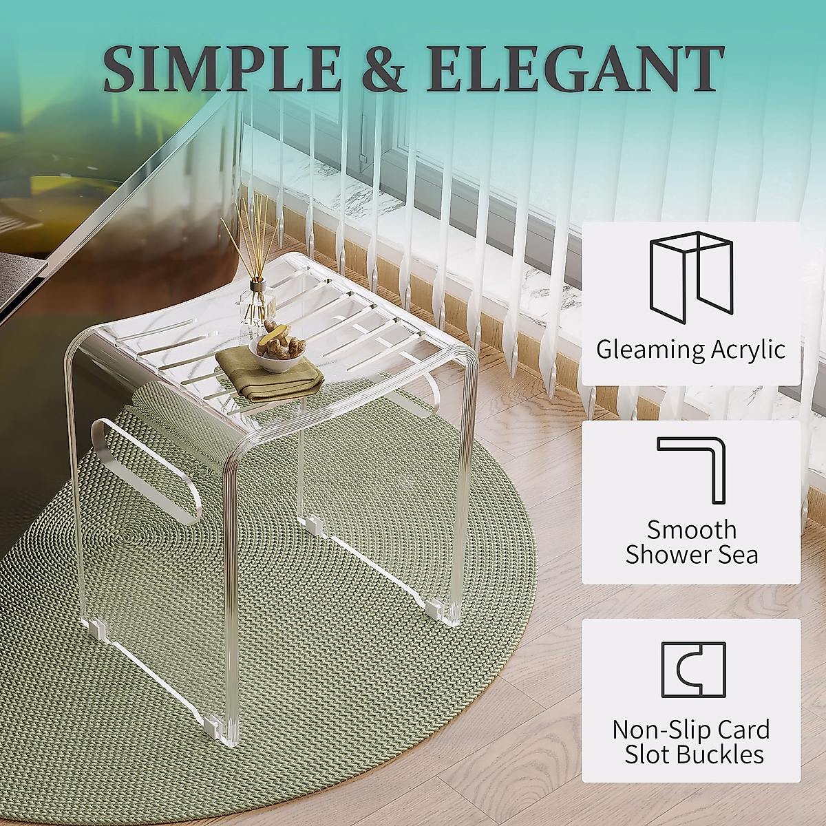 LFTYTUO Acrylic Anti-Skip Shower Bench, Clear Shower Stool for Inside Shower, Modern Shower Chair with Curved Seat & Water Leaking Hole 300LBS Weight Capacity