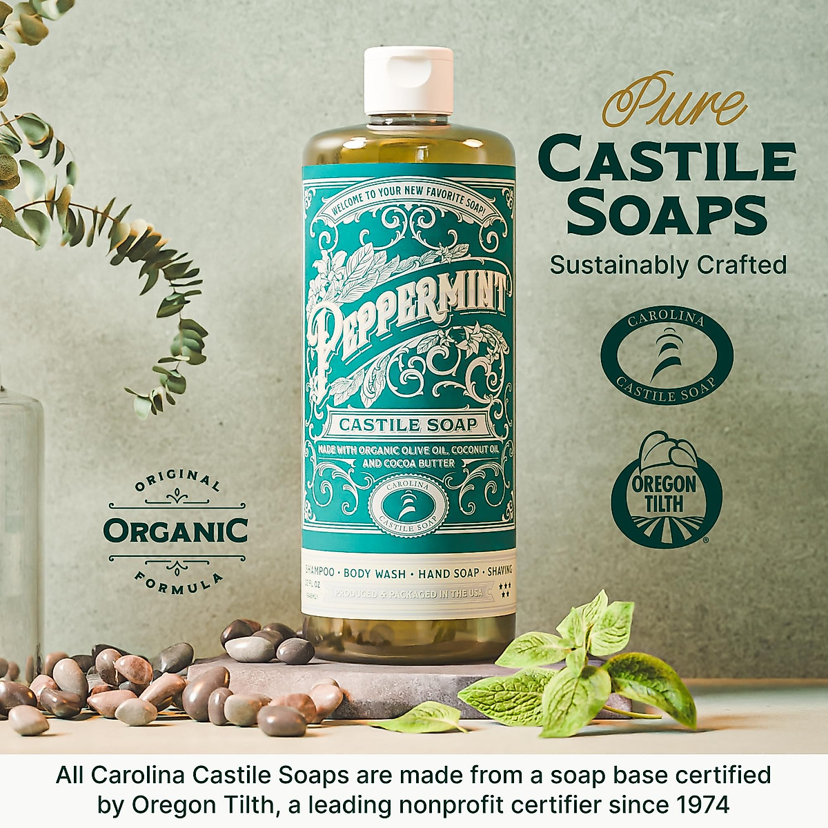 Carolina Castile Soap Peppermint Scent – Certified Organic Base, High Olive Oil Content, Non-Drying, Made with Organic Oils, Concentrated Natural Body Wash for Men and Women