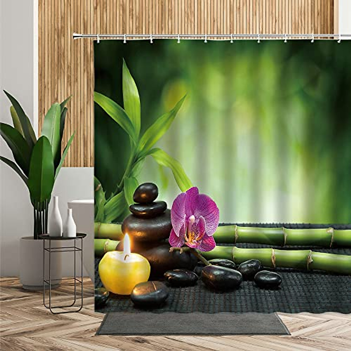 Spa Shower Curtain, Meditation and Picture of Bamboo Stalks Candle and Basalt Stones Theraphy Relaxing Shower Curtains, Cloth Fabric Bathroom Decor Set Bath Curtians with 12Hooks, Multicolor,72X72I