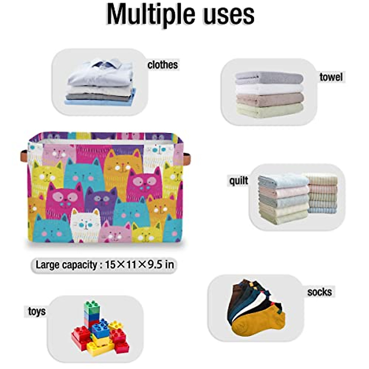 Rectangular Cats Baskets, Kitten Girls Storage Bins Kids Storage Basket with PU Leather Handles Cute Baskets Clothes Toys Box Books Baskets Gifts Baskets for Closet Shelf Nursery Bedroom 15x11x9.5 In