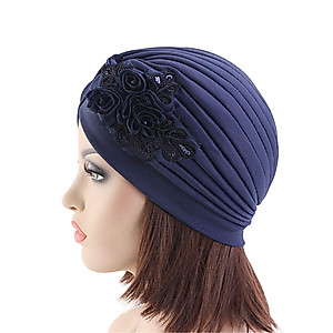 Qianmome Womens Sequin Flower Turban Elegant Muslim Beanie Head wrap Chemo Cap White