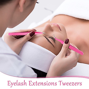 6-Pack Eyelash Extension Tweezers, Stainless Steel Straight Curved Tip Tweezers Single Eyelash False Eyelash Application Tools(Pink)
