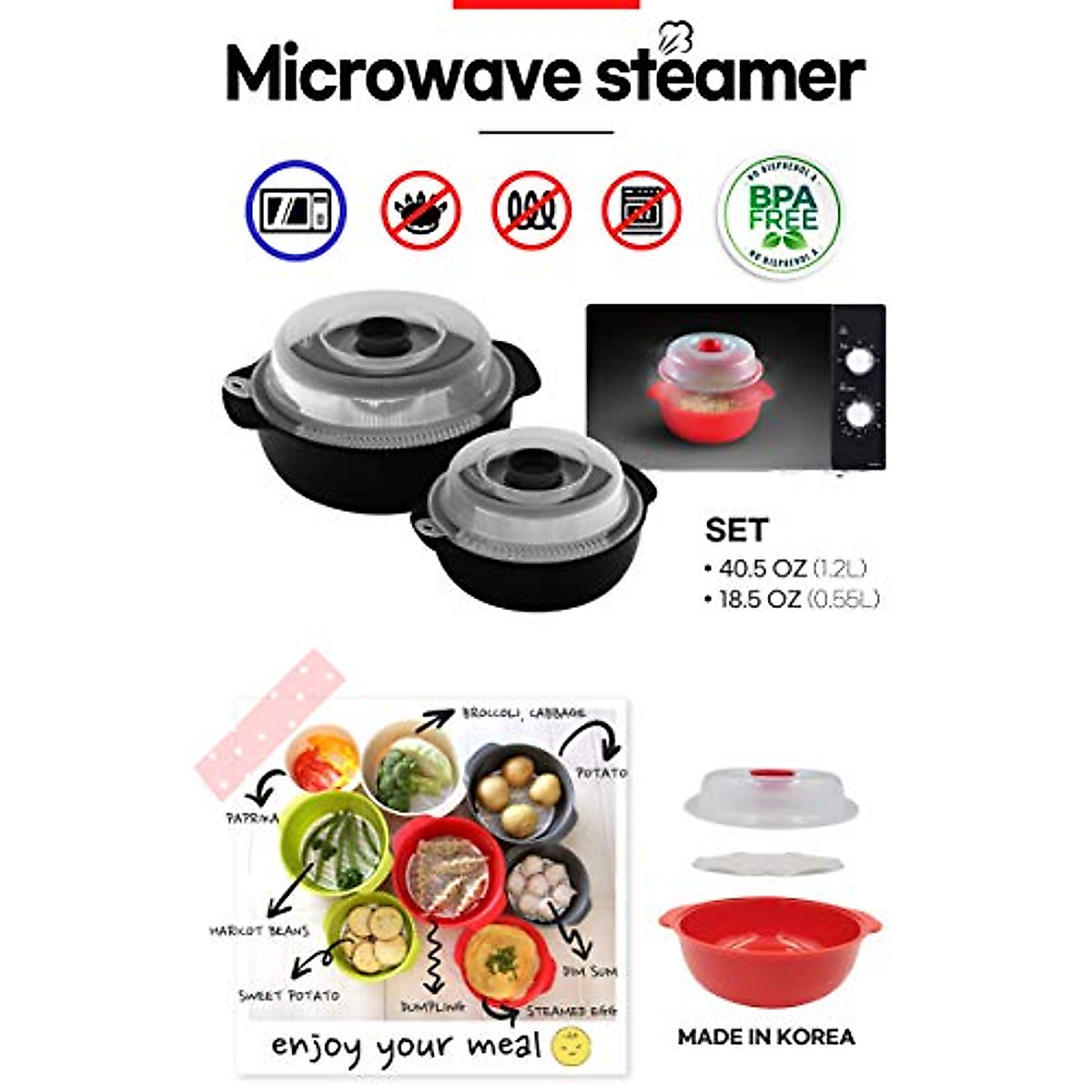 Multi-Propose Microwave Steamer 40.5 fl.oz. 18.5 fl.oz. BPA free Pack of 2 Made in Korea (Medium, Black)