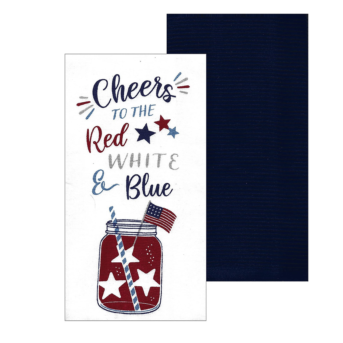 Patriotic Kitchen Towel Set - Red White and Blue Dual Cotton Terry Dishtowel Decorated with Mason Jar Drink, American Flag for 4th of July, Memorial Day,