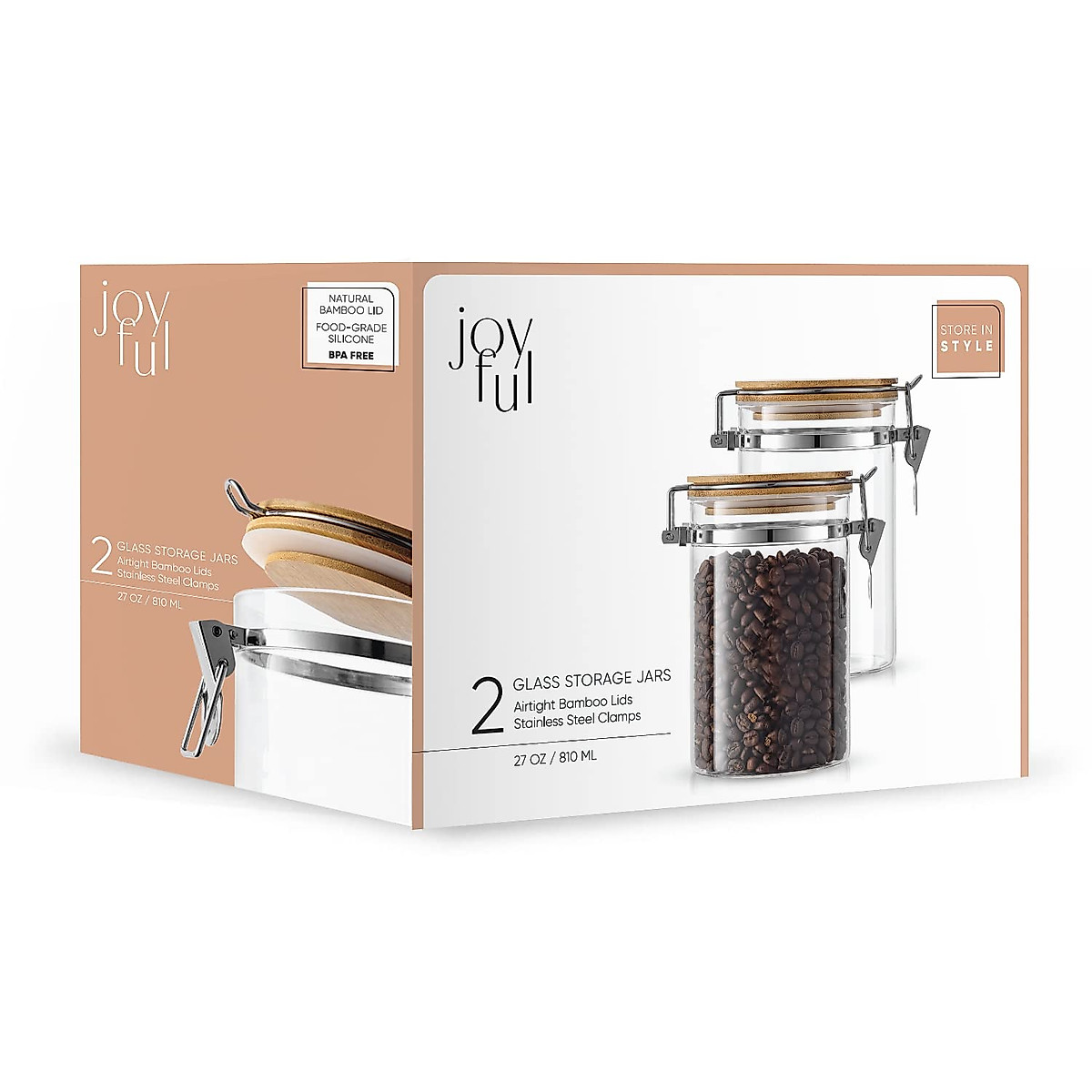 JoyJolt Borosilicate Glass Jars With Bamboo Lids (27oz). 2PC Set of Airtight Storage Jars with Clamp Lids for Pantry Storage. Air Tight Sealable Containers for Kitchen Organization.