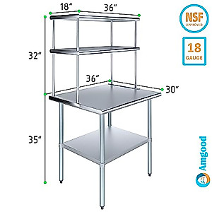 30" x 36" Stainless Steel Work Table with 18" Wide Double Tier Overshelf | Metal Kitchen Prep Table & Shelving Combo