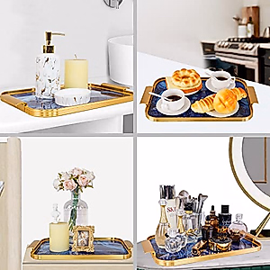 Dalimfun Glass Decorative Tray, Blue Marbling Serving Tray with Handles, Rectangular Coffee Table Tray, Decor Tray for Ottoman, Bar, Vanty, Makeup Perfume Organizer, 15.6 X 10 Inch