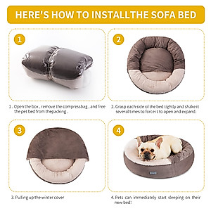 FANTSYPET Dog Bed & Cat Beds, Warming Soft Dog Beds with Blanket Attached, Dog Bed for Small and Medium Dogs, Cozy Donut Dog Bed Plush Hooded Calming Cuddler, Calming Cave Dog Bed, Camel, (23 x 23 in)