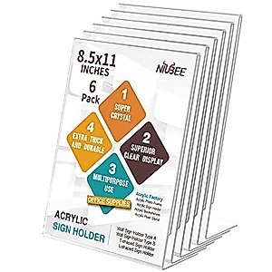 NIUBEE 6Pack 8.5x11 Acrylic Sign Holder with Vertical Slanted Back, Clear Plastic Sign Holder Picture Photo Frames, Flyer Document Paper Display Stand for Office Desktop