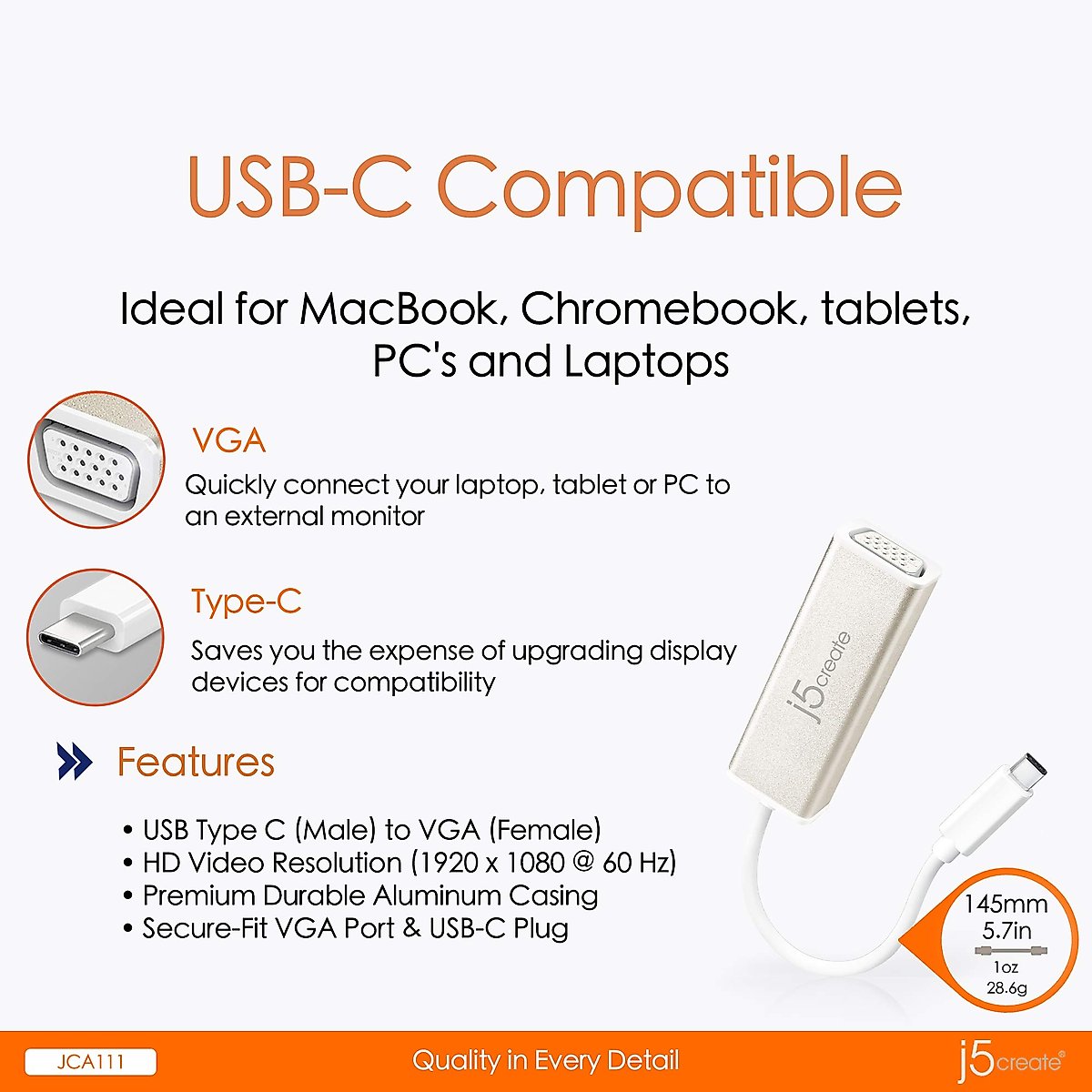 j5create USB 3.1 Type-C to VGA Adapter JCA111
