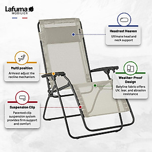 Lafuma R-Clip Batyline Relaxation Patio and Poolside Zero Gravity Outdoor Lounge Recliner Chair with Adjustable and Removable Headrest, Seigle