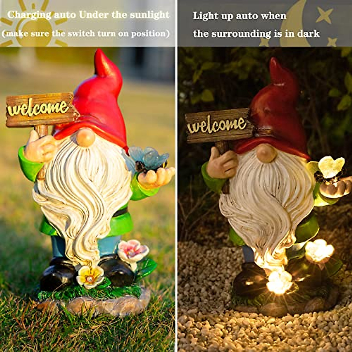 Ovewios Garden Gnomes Statue with Solar Lights, Large Garden Gnome Outdoor Funny Figurines Holding Welcome Sign and Bee Garden Decor for Outside Patio Yard Lawn Sculpture Ornament Gifts