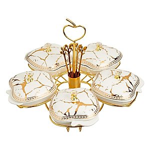 PASIGRO Ceramic Condiment Serving Tray,Rotating Snack Tray,Candy and Nut Porcelain Divided Serving Platter,Veggie Snack Containers,Ceramic Food Storage with Golden Iron Frame (White)