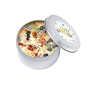 Happy Birthday Candle by New Moon Beginnings - Intention & Manifestation - Birthday Wish Candle - Crystal & Herb Candles - Aromatherapy Candles - Soy Candle, 8 Ounce Round Tin