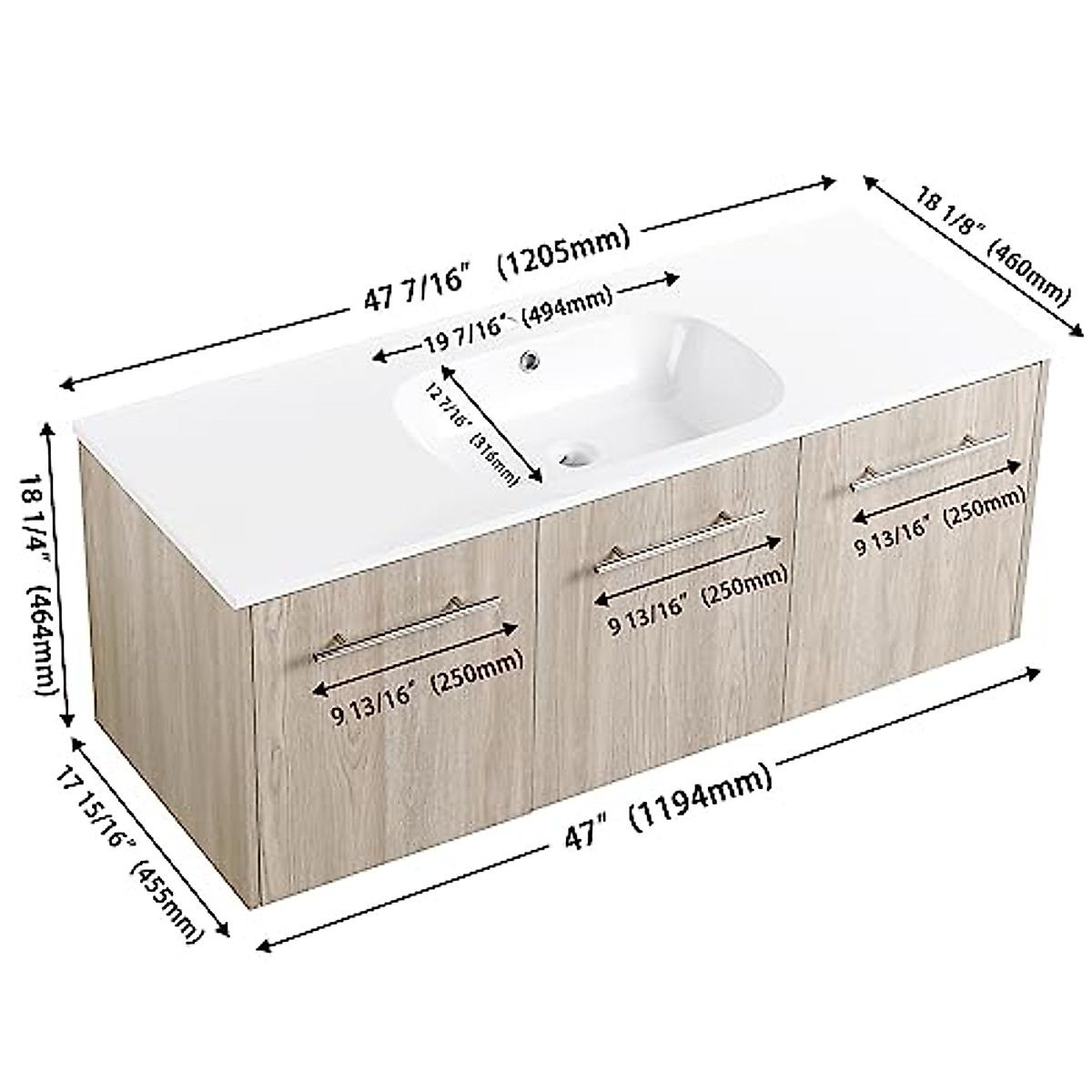 48" Large Wall Mounted Bathroom Vanity Cabinet with Sink Top Combo Set, Single Floating Bathroom Vanity Set with Basin Sink, Hanging Bath Cabinet with Soft Closing Doors