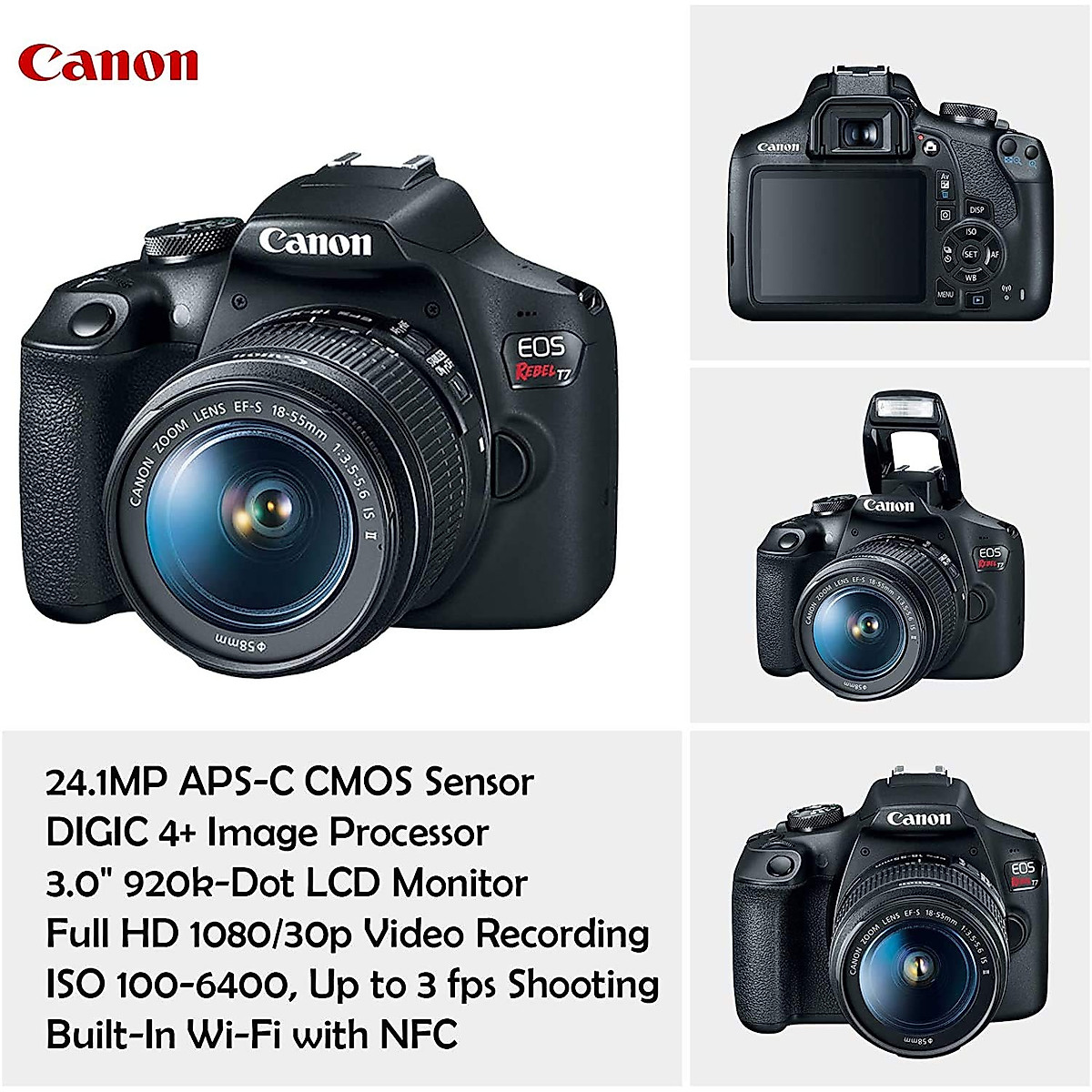 Canon EOS Rebel T7 Camera w/Canon EF-S 18-55mm is II Lens & 75-300mm f/4-5.6 III Lens + 32GB Sandisk Memory + Canon Case + High Speed Slave Flash + Commander Optics Accessory Bundle