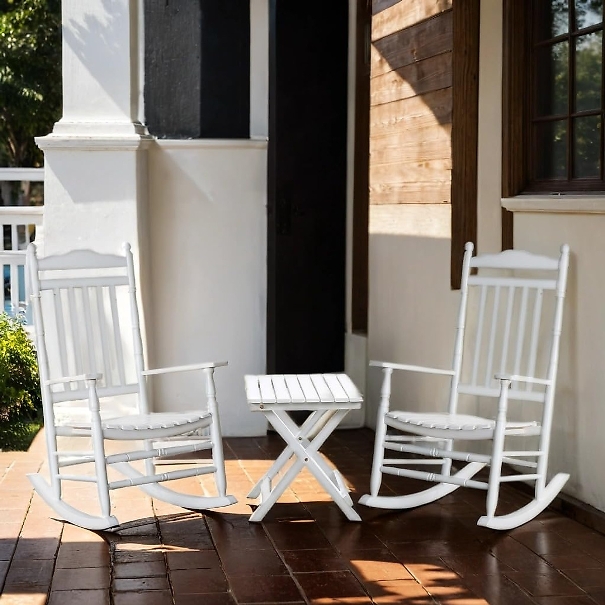 BplusZ Outdoor Patio Wooden Rocking Chairs Small Folding Side Table Set 3 Piece Furniture, 2 Rockers and 1 Foldable End Table, Porch Bistro Balcony, White