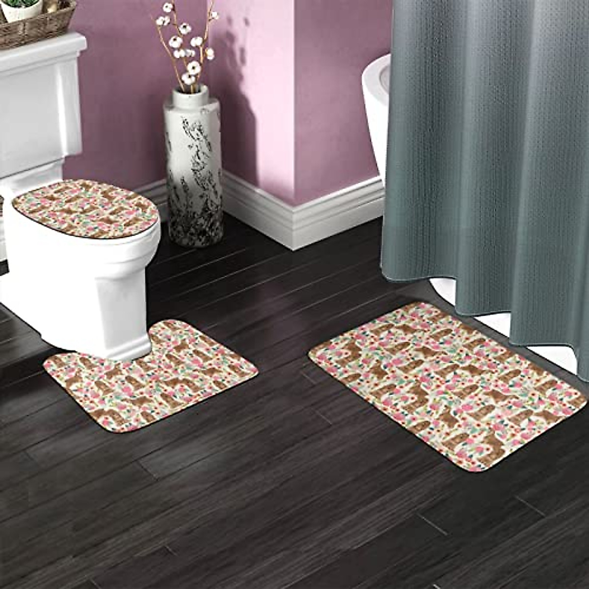 Cute Cocker Spaniel Dog Flower Floral 3D Print Bath Mat for Bathroom Rugs Sets 3 Piece，U-Shaped Contour Shower Mat Non Slip Absorbent ,Flannel Fabric Toilet Lid Cover Washable ,Doormat Antiskid Pad