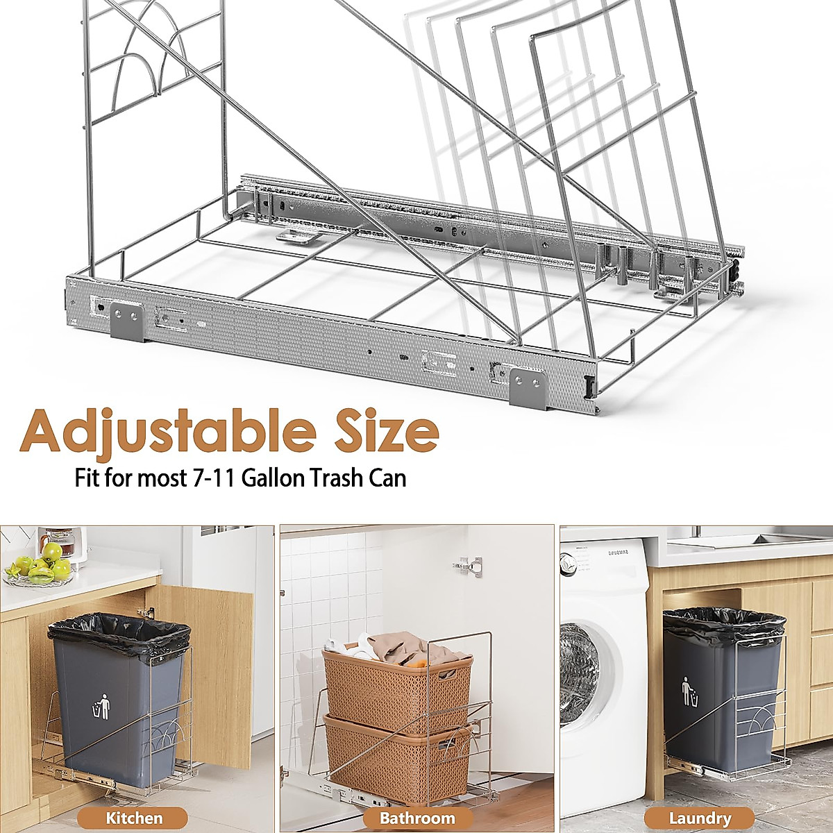 Volitaous Cabinet Trash Can Pull Out Trash Can Rack, Adjustable & Smoothly Under Kitchen Sink Garbage Can Pull Out for 7-11 Gallon (Not Include Can)