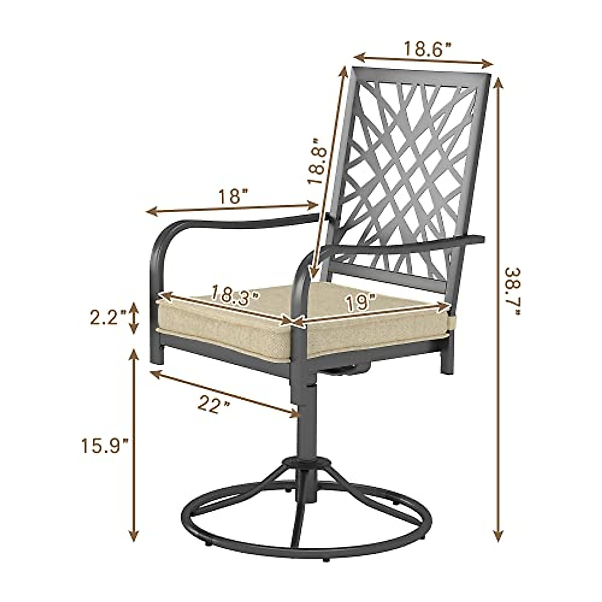 NSdirect Outdoor Swivel Chairs Set of 2, Patio Dninning Chairs with Cushion, Black Metal Bistro Arm, Rocking Chairs for Garden Backyard Lawn, Black and Khaki