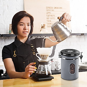 1800ML Airtight Coffee Canister with Date Tracker&Transparent Window, 22.8OZ Coffee Container with 30ML Measure Spoon&4 co2 Valve, Coffee Bean Storage Container for Grounds Coffee, Beans, Tea(Gray)