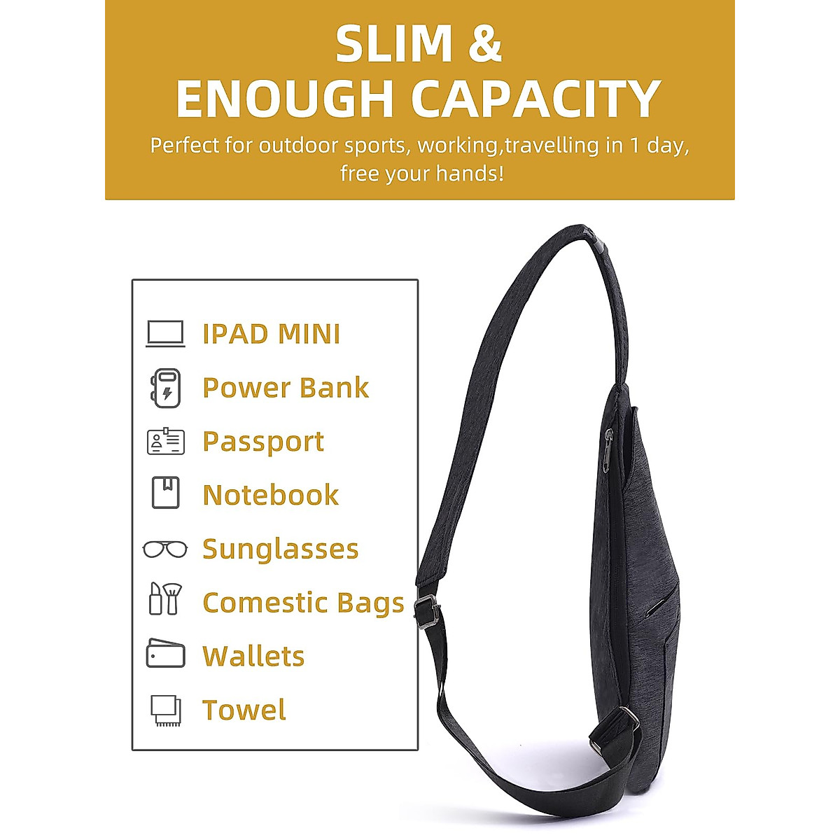 Cajmols Mens Sling Bag Anti-Theft Crossbody Bag Small Sling Bag for Mens Travel Sling Bag for Men Lightweight Hiking Casual Travel Daypacks (N-Dark Grey)