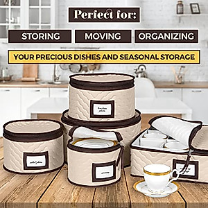 China Storage Containers 5-Piece Set Moving Boxes for Dinnerware, Glasses, Plates, Mugs and Saucers Sturdy Quilted Microfiber Dish Organizer with Dividers for Seasonal Storage - Service for 12