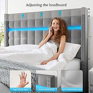 EnHomee Full Bed Frame with Storage,LED Bed Frame with Adjustable Headboard, Upholstered Platform Bed Frame Queen Size with 3 Drawers,Heavy Duty Wood Slats,Easy Assembly,No Box Spring Needed,Grey