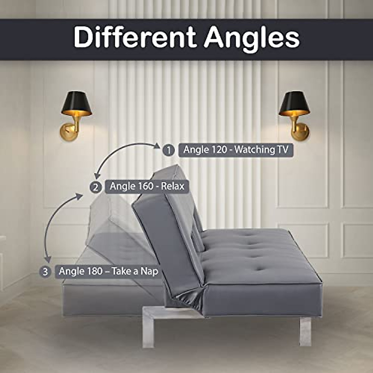 Naomi Home Astrid Futon Sofa Bed - Gray Faux Leather, Modern Style, 3-Position Reclining Mini Sofa/Bed with Chrome Legs, Small Couch for Bedroom Living Rooms, Office