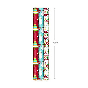 Hallmark Reversible Christmas Wrapping Paper for Kids (3 Rolls: 120 sq. ft. ttl) Orange and Teal Stripes, Trees, Ornaments, Polka Dots