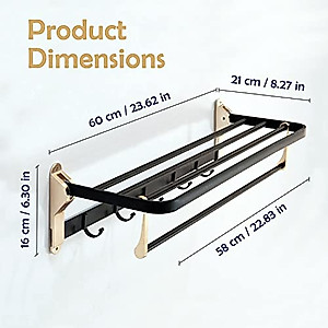 ROZZWILD Towel Rack Wall Mounted 24 Inch Adhesive No Drill Towel Storage Shelf with 5 Hooks for Bathroom Aluminum Alloy Rustproof Matte Black Gold