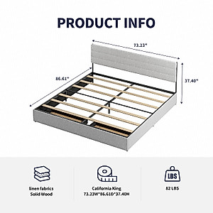 ZAFLY Platform California King Size Bed Frame with Linen Adjustable Headboard,Cal King Bed Frame with 2 Storage Drawers,Wooden Slats Support,No Box Spring Needed,Easy Assembly,Light Grey