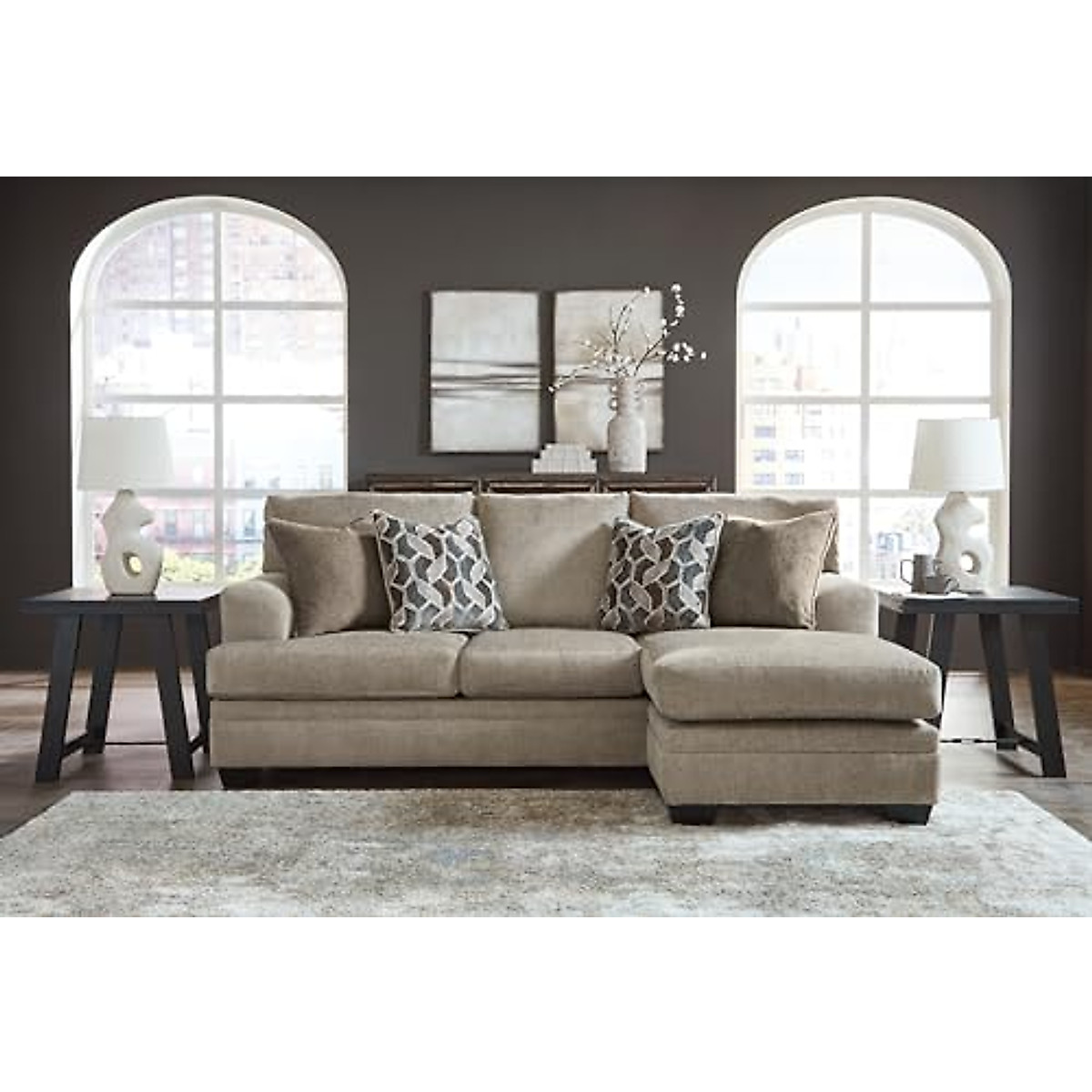 Signature Design by Ashley Stonemeade Casual Right-Arm Facing Sofa Chaise with 4 Toss Pillows, Light Brown