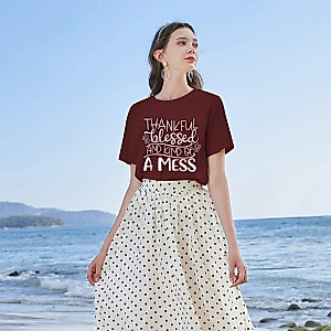 Thankful T Shirt Women Thankful Blessed and Kind of A Mess Shirt Casual Thanksgiving Tops (Red, S)