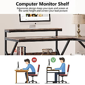 Tribesigns L Shaped Desk with Storage Shelves, 63 inch Industrial Corner Computer Desk with Monitor Stand, Study Writing Table Workstation for Home Office, Rustic Brown