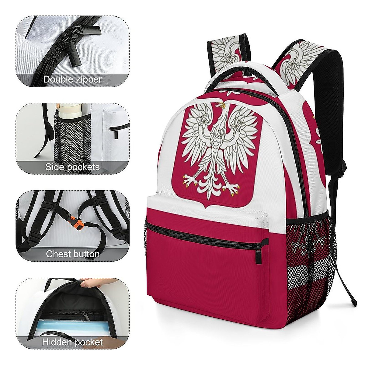Polish Flag Eagle Travel Laptop Backpack Casual Daypack with Mesh Side Pockets for Book Shopping Work