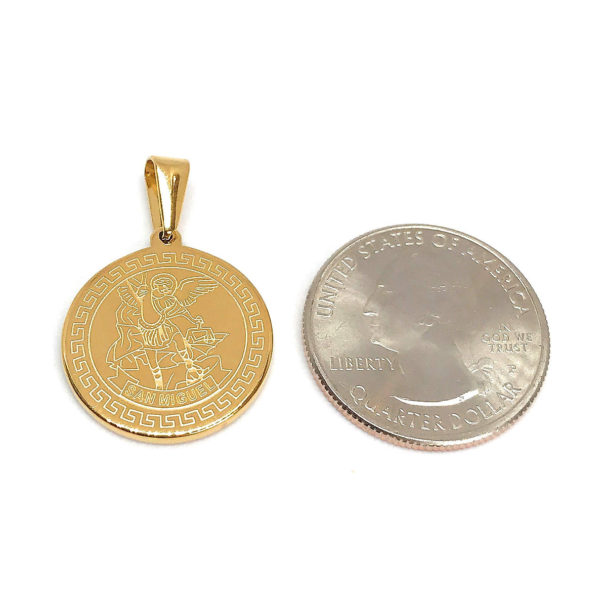 LESLIE BOULES Saint Michael Archangel Necklace 18 Inches Stainless Steel 18K Gold Plated Pendant