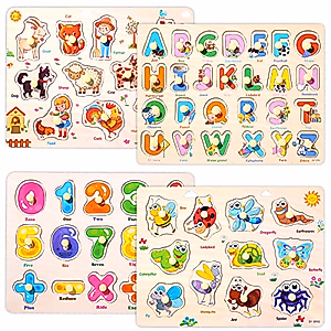 Wooden Peg Puzzles Set for Toddlers 3 4 Years Old, Alphabet ABC, Numbers and Farm Animals Learning Puzzles Board for Kids, Preschool Educational Pegged Puzzles Activity Toys Gift for Boys Girls