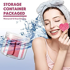 Nuenen 60 Pieces Facial Sponges with Container, Heart Shape Compressed Face Sponges Natural Cleaning Pads for Washing Face Cleaning Exfoliating Esthetician Makeup Removal(Pink)